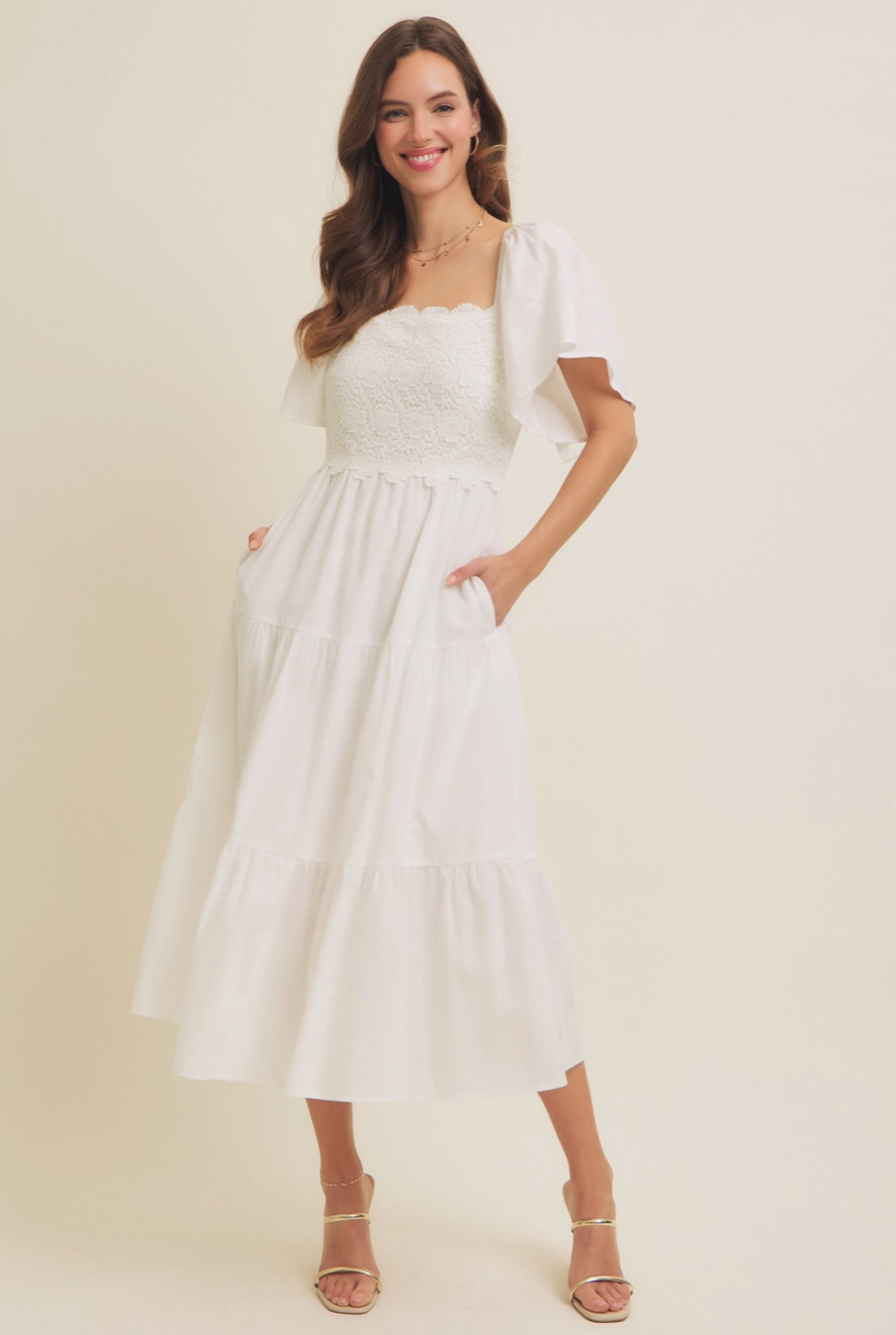 Juliette Tiered Floral Crotchet Dress in Off White | REVIVAL